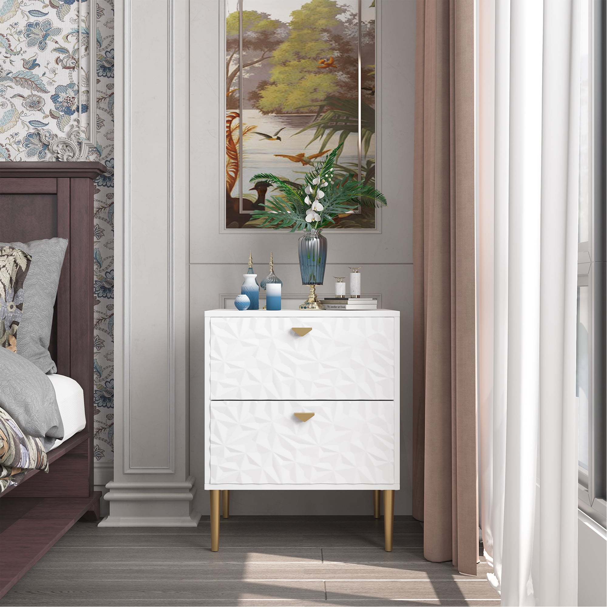 Boyel Living Nightstand with 2 Drawers, Modern X-shaped Leg Night Stand Pentagonal Finish Wood ...