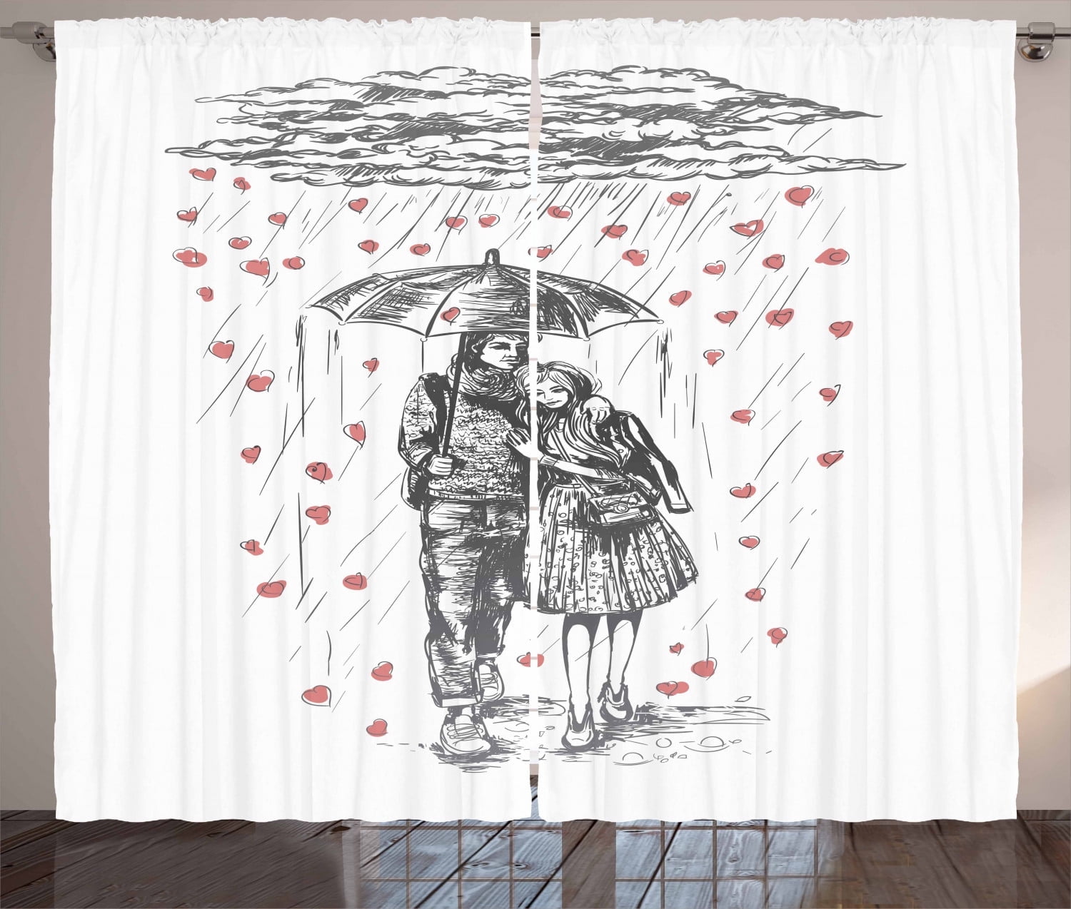 Ambesonne Love Curtains 2 Panel Set, Couple on Rainy Day Walking, 108 ...