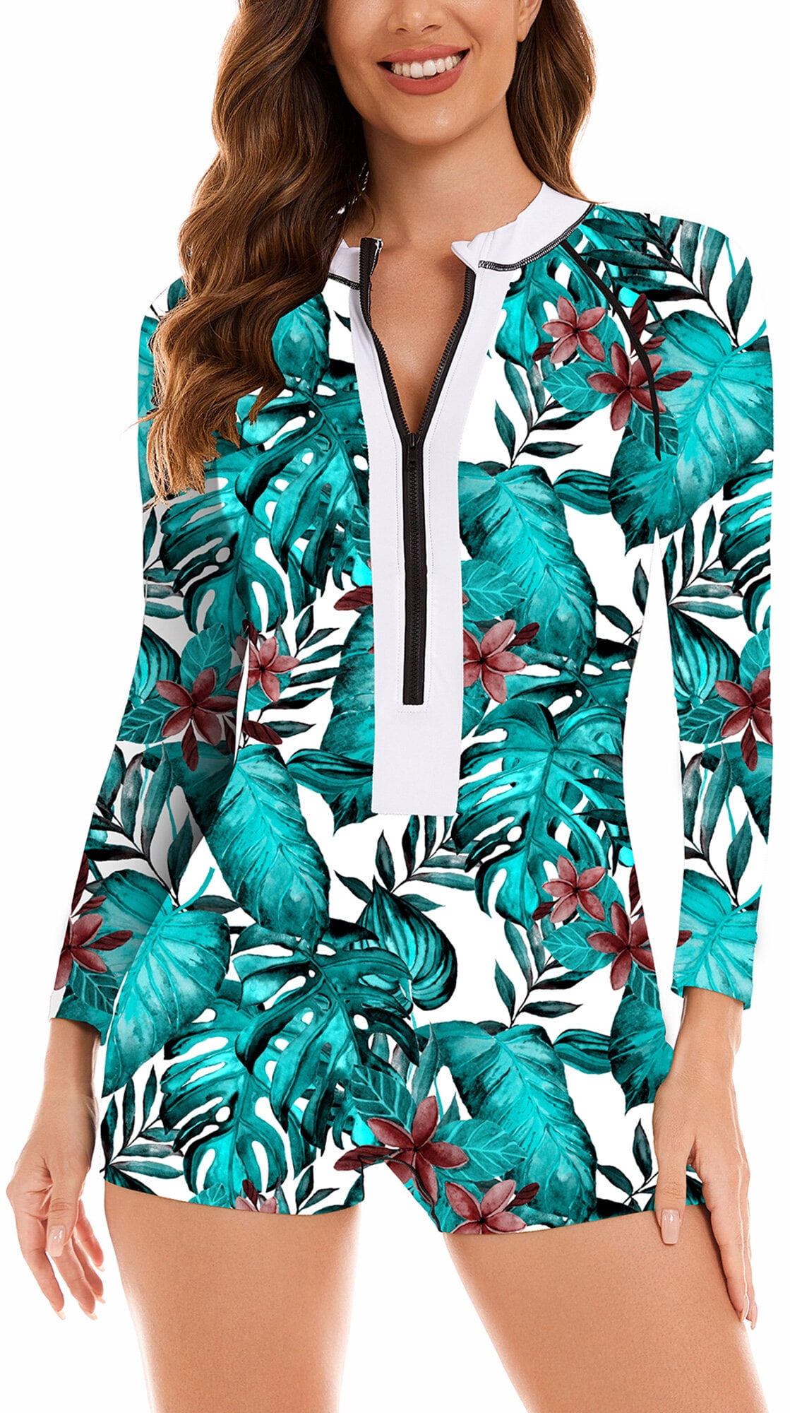 Boyleg High Neck Bathing Suits for Women Long Sleeve Printed Rashguard ...