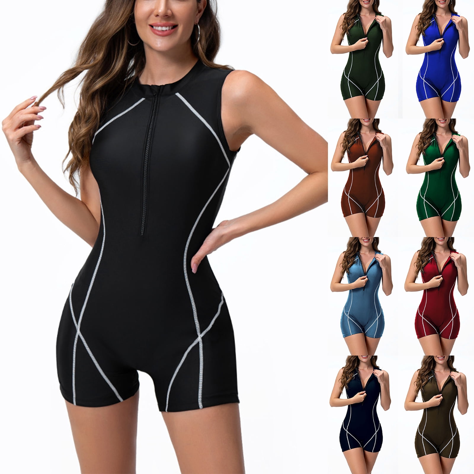 Boyleg One Piece Swimsuit for Women Zip Up Athletic Swimwear ,Athletic ...