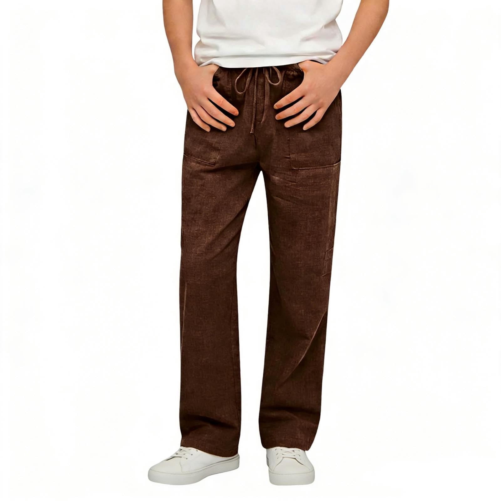 Boys 100% Cotton Linen Pants Lightweight Breathable Beach Pants Pull-on ...