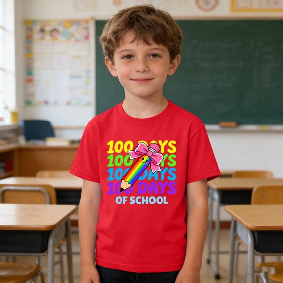 Boys 100 Days of School T-Shirt, Red 100% Cotton Short Sleeve Kids Tee ...
