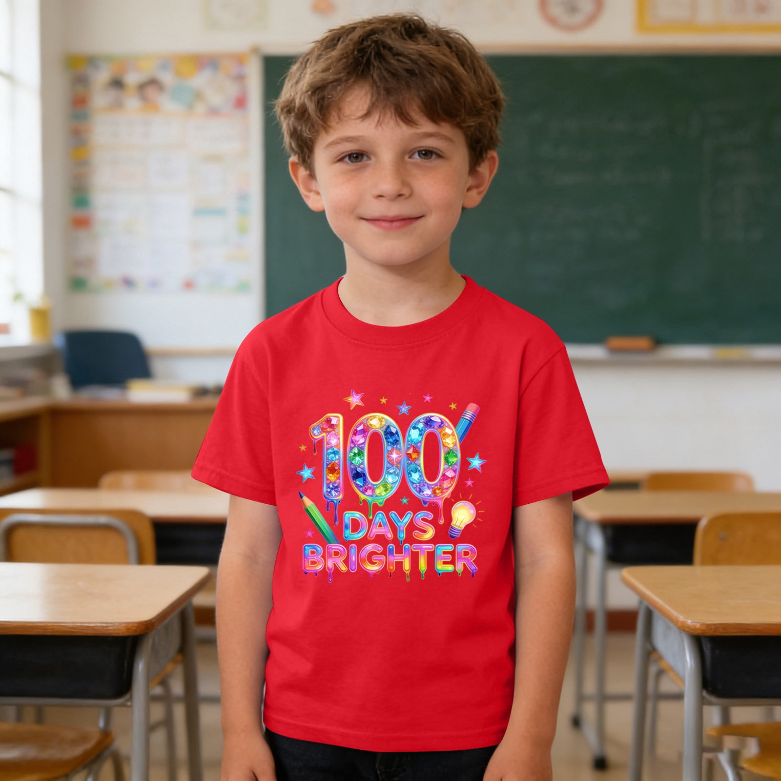 Boys 100th Day of School Shirt, Red 100 Days Brighter Graphic Tee, Soft ...