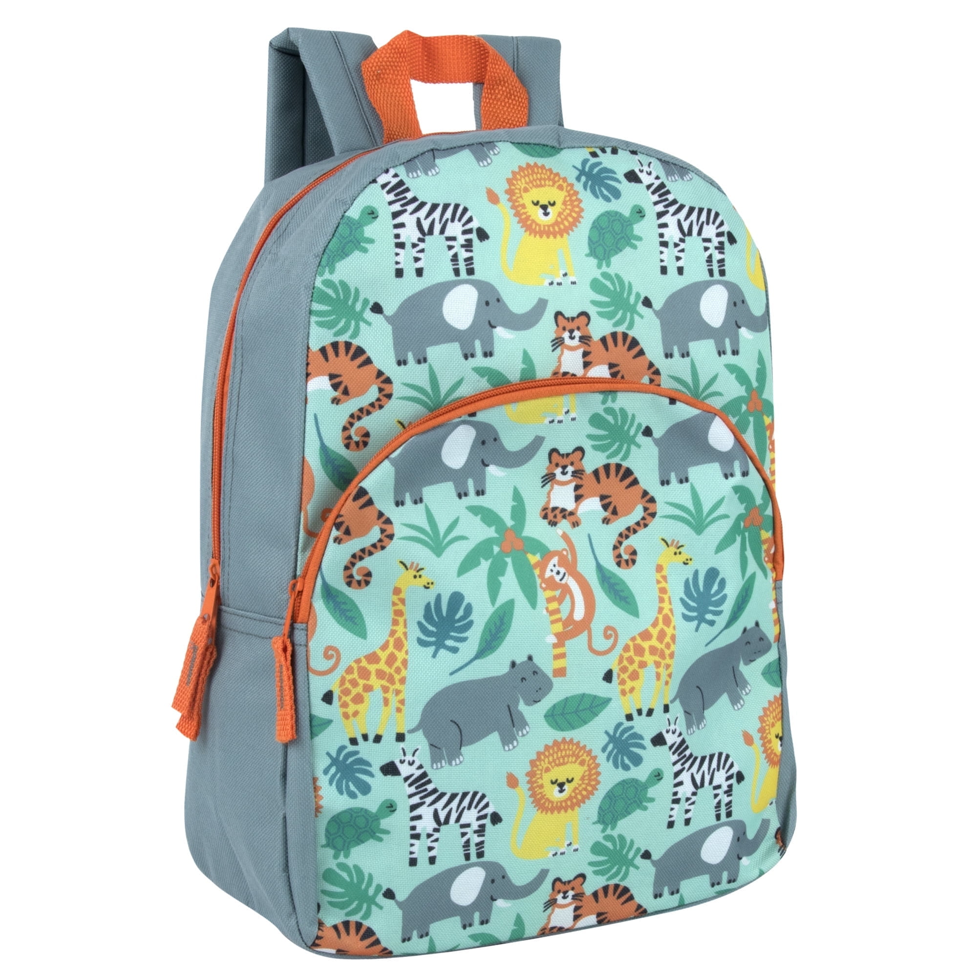 Boys 15"L Jolly Jungle Animals Printed Backpack, Padded Straps, Front Zipper Pocket, Bookbag for ...