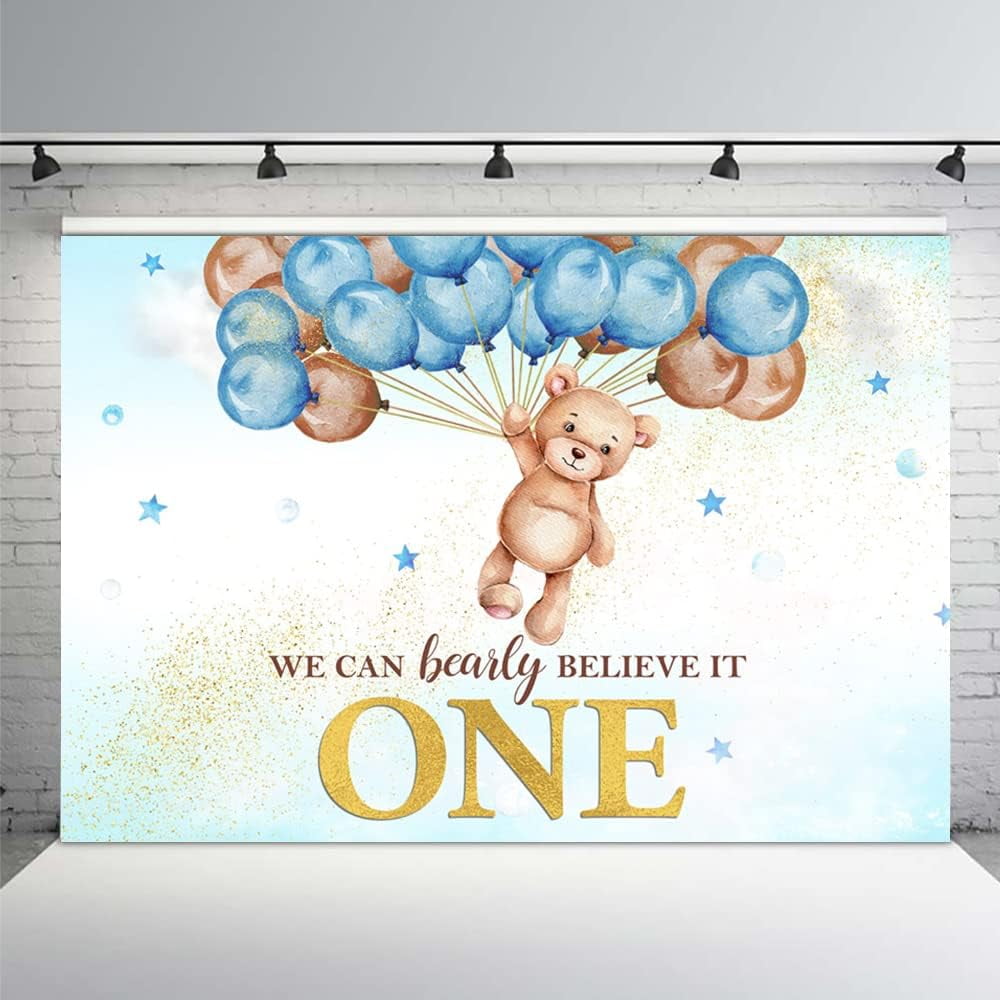 Boys 1st Birthday Bear Backdrop We Can Bearly Believe It One Happy ...