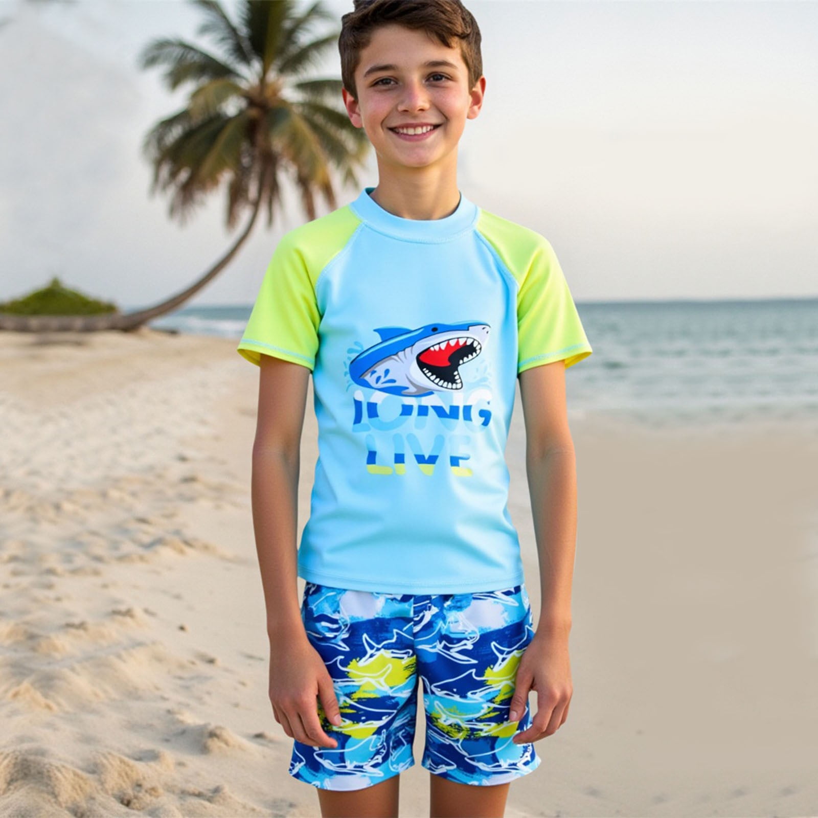 Boys 2 Piece Cartoon Shark Print Short Sleeve Rash Guard Swimsuit Set ...
