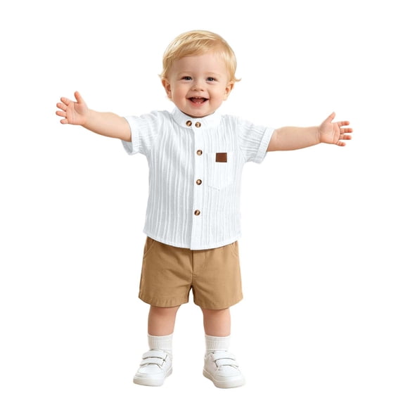 Boys 2-Piece Summer Outfit Vertical Textured Short Sleeve Stand Collar ...