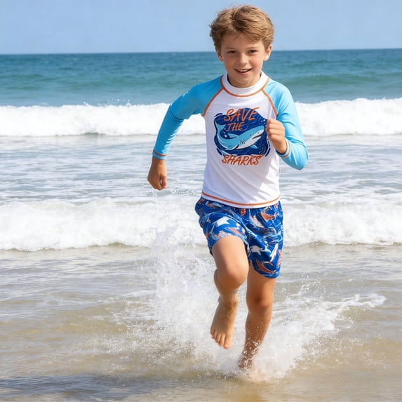Boys 2 Piece Swimsuit Set UPF Shark Print Long Sleeve Rash Guard Top ...