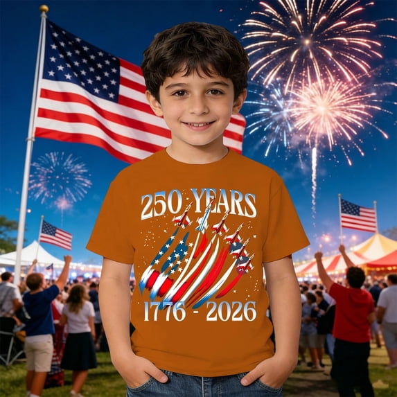 Boys 250th Anniversary T-Shirt with Jet Fighter & Flag Print ...