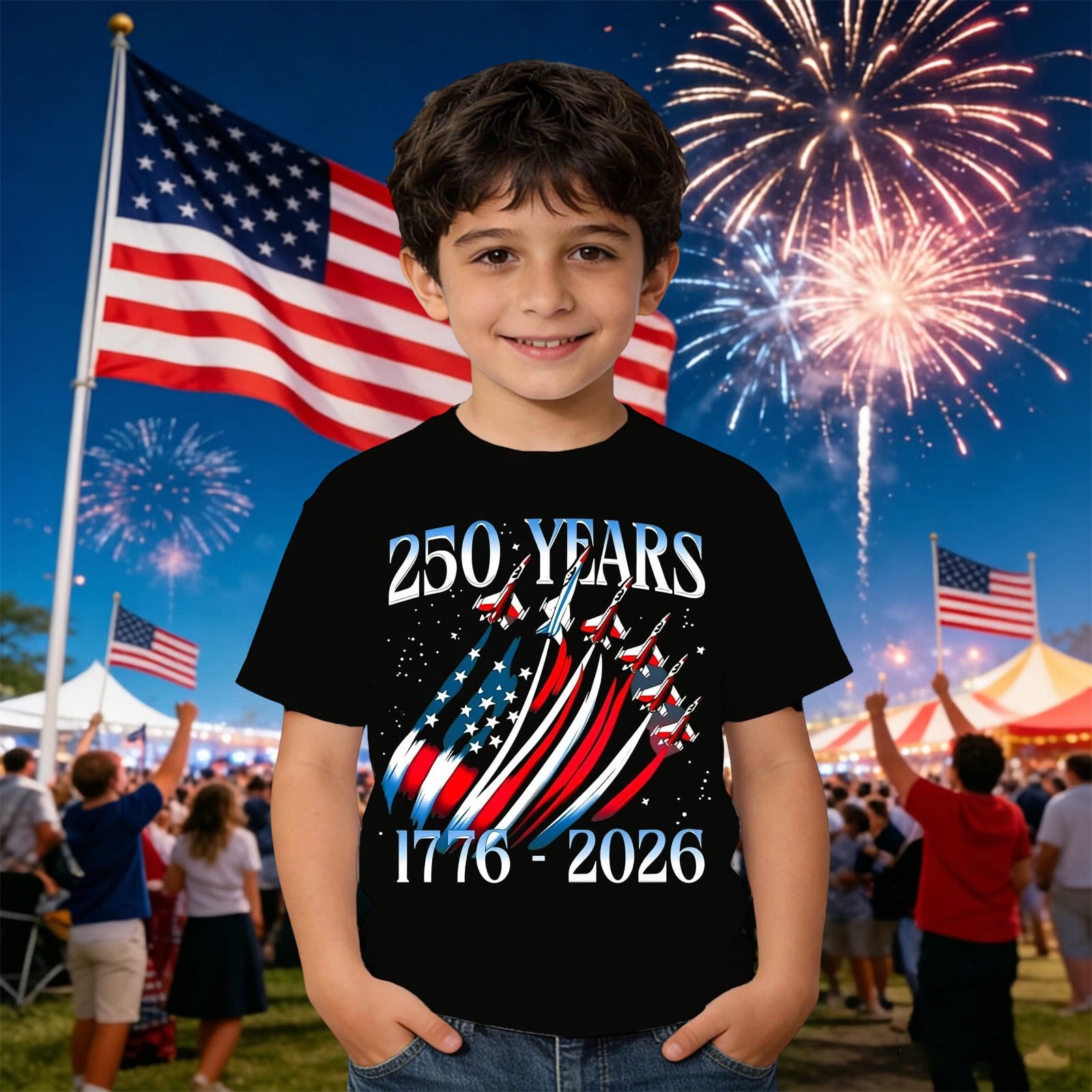 Boys 250th Anniversary T-Shirt with Jet Fighter & Flag Print ...