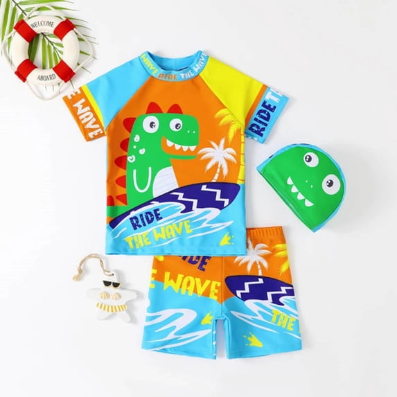 Boys 3 Piece Cute Dinosaur Short Sleeve Rash Guard Set Swimsuit Top ...