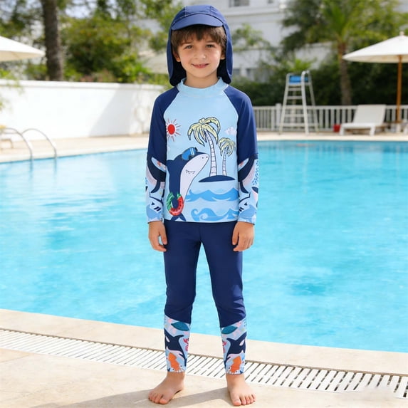 Boys 3 Piece Rash Guard Set Shark Print Long Sleeve Top Long Pants Swim ...