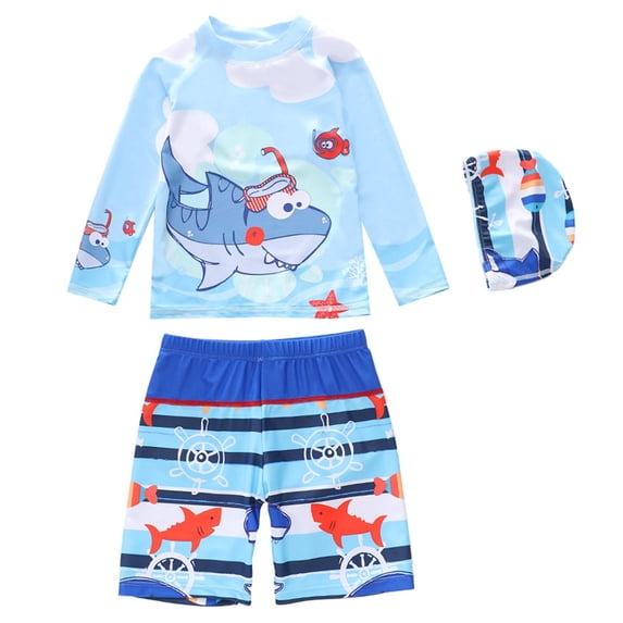 Boys 3 Piece Rash Guard Swimsuit Long Sleeve Cute Shark Print Swimwear ...