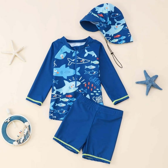 Boys' 3 Piece Swimwear Set With Hat Split Style Long Sleeved Shark ...