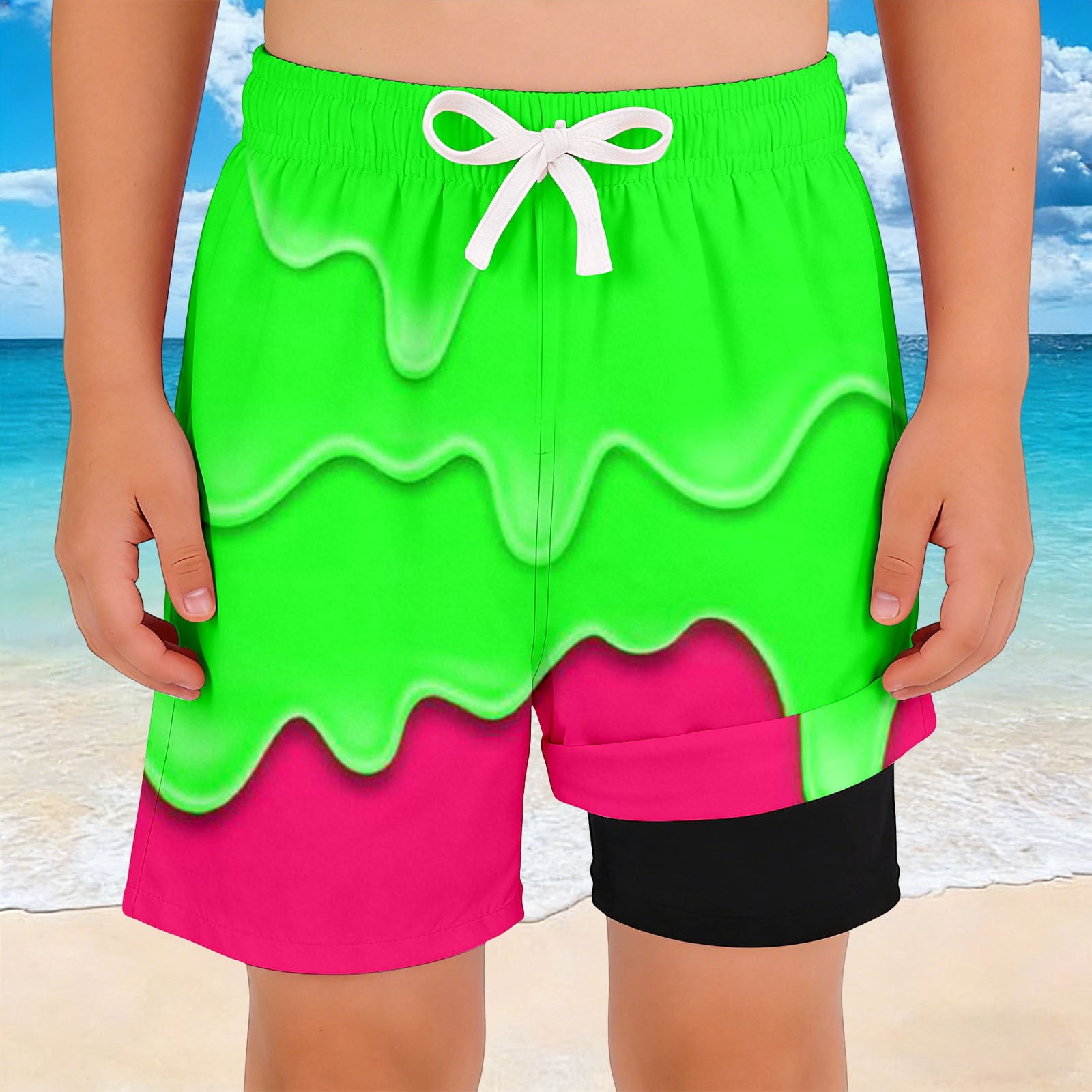 Boys 3D Ice Cream Print Swim Shorts Double Layer Fashion Casual Beach ...
