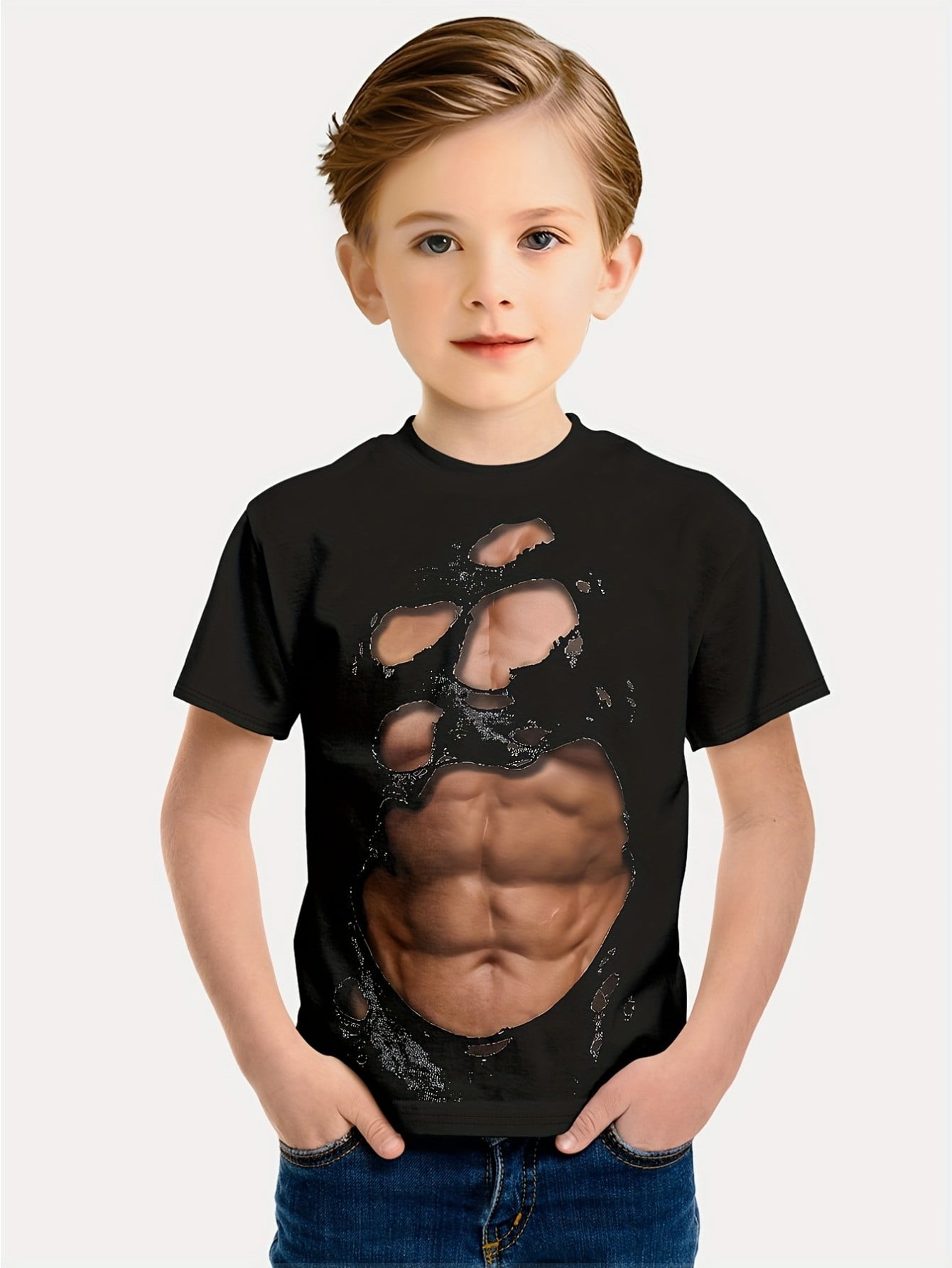 Boys' 3D Muscle Print T-Shirt - Comfy & Stylish Casual Tee for Spring ...