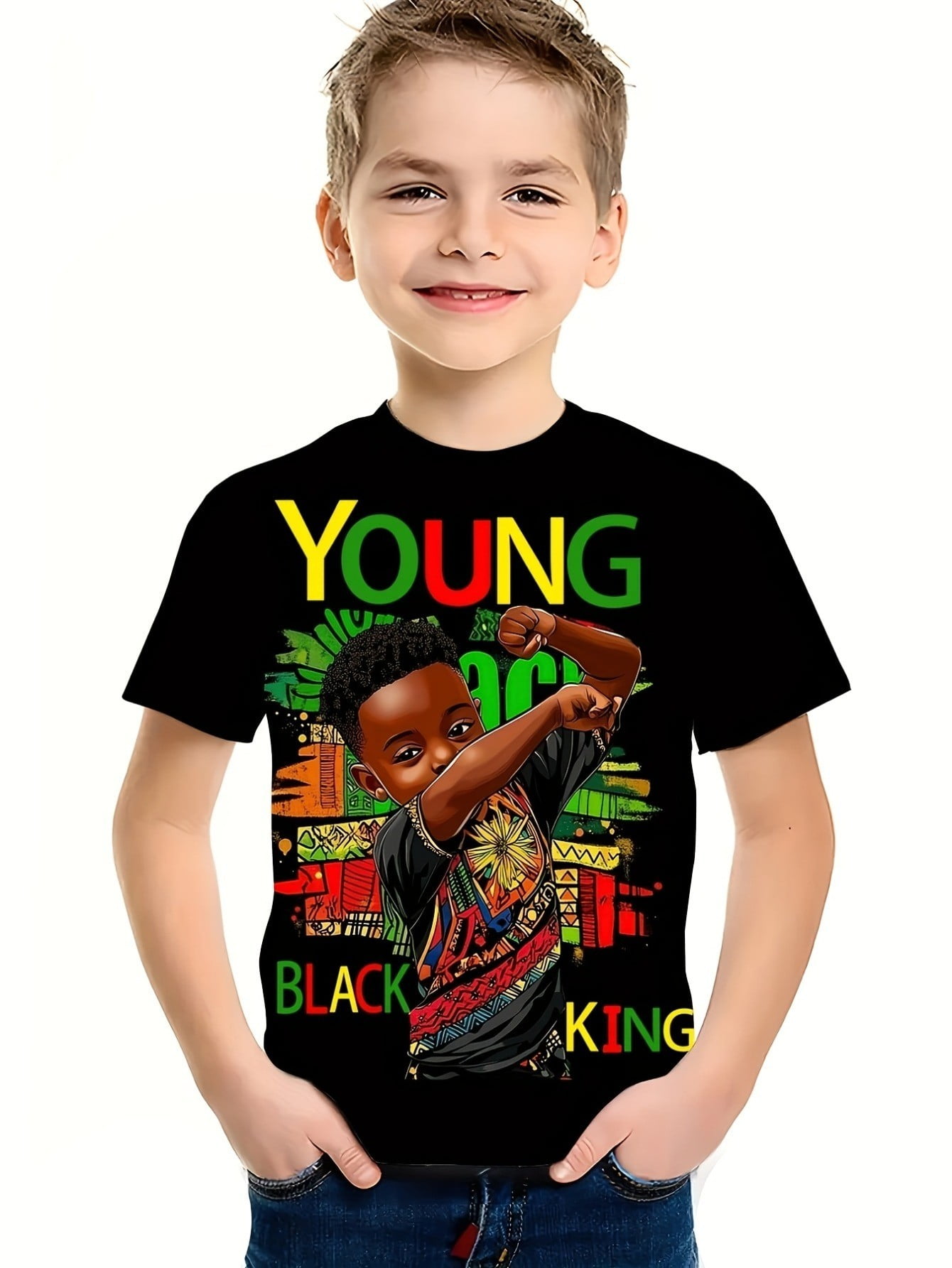 Boys' 3D Printed Crew Neck T-Shirt, Black Kings Pride African History ...