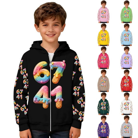 Boys 41 And 67 Zip Up Jacket Number Print Hooded Long Sleeve Athletic ...