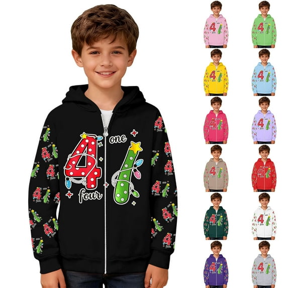 Boys 41 Zip Up Jacket 4 1 Cartoon Print Hooded Long Sleeve Athletic Outerwear Kids Casual Fleece ...