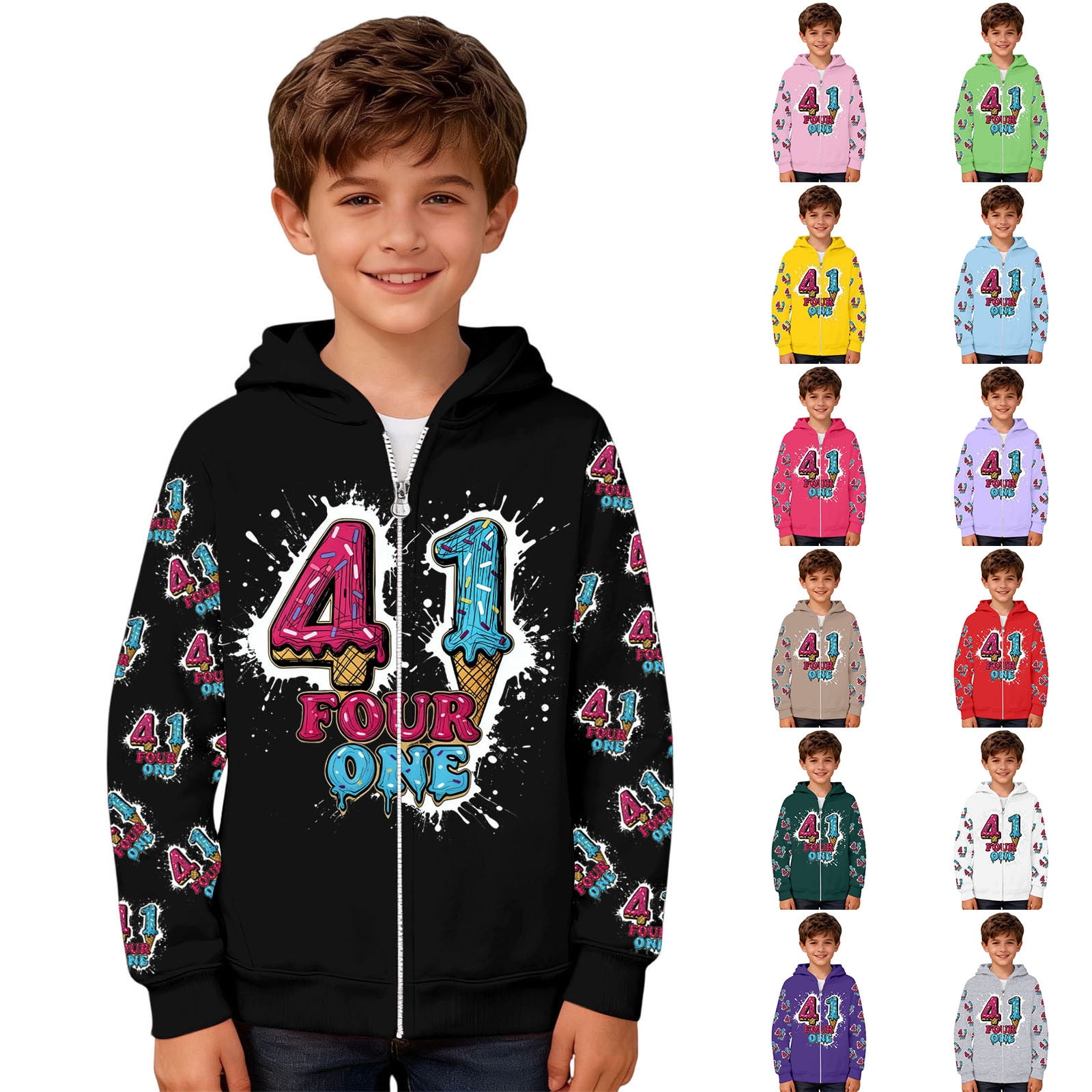 Boys 41 Zip Up Jacket Number Print Hooded Long Sleeve Athletic ...