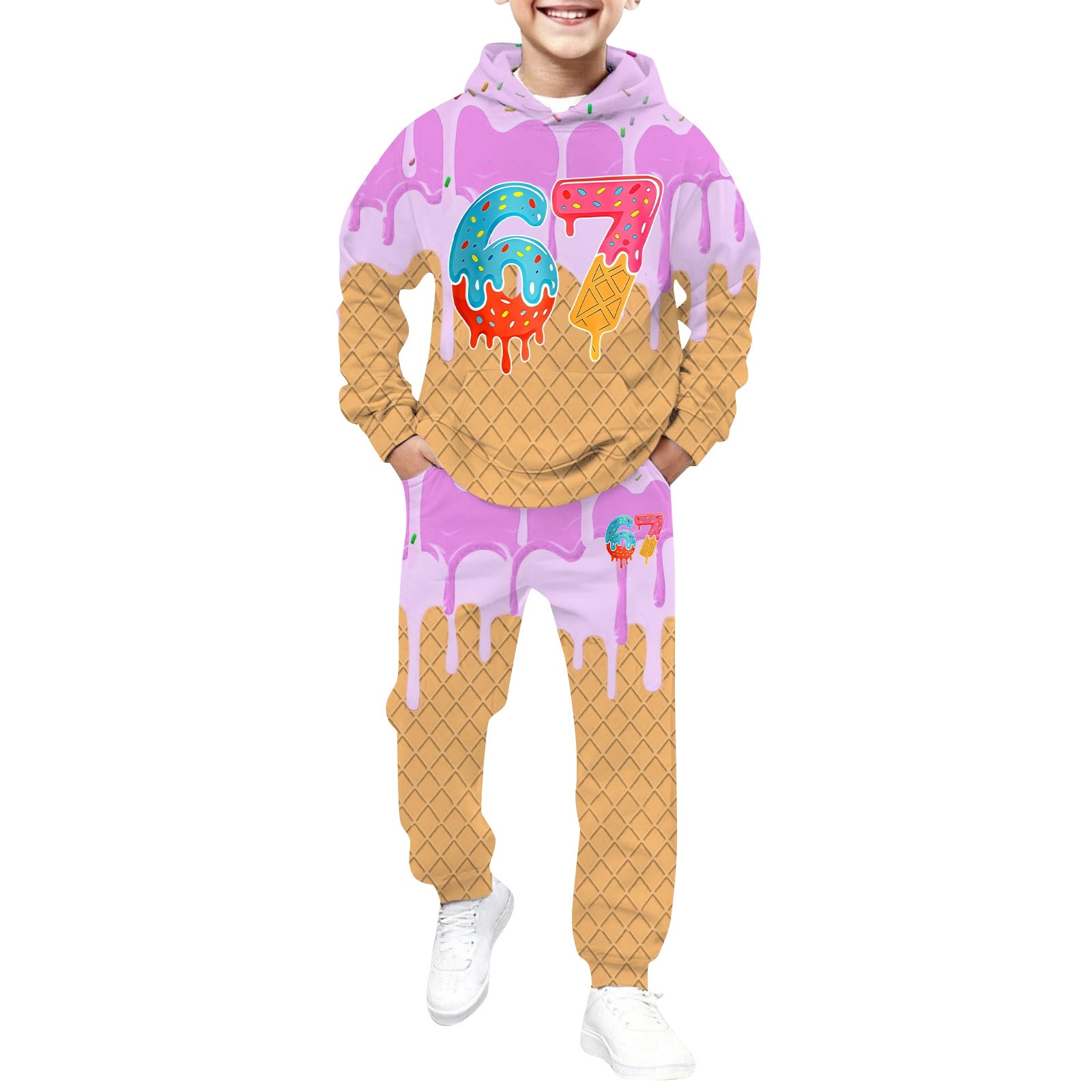 Boys 67 Ice Cream Print Sweatsuit Pullover Hoodies Outfits Sweatsuit ...