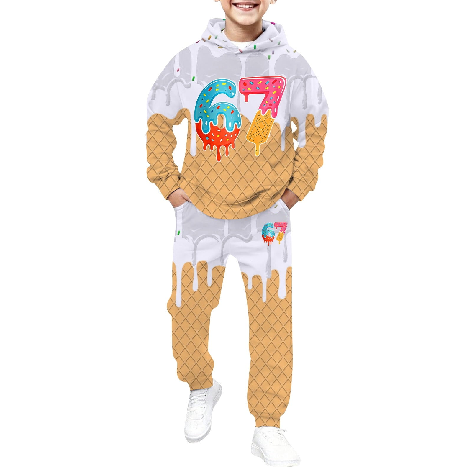 Boys 67 Ice Cream Print Sweatsuit Pullover Hoodies Outfits Sweatsuit ...