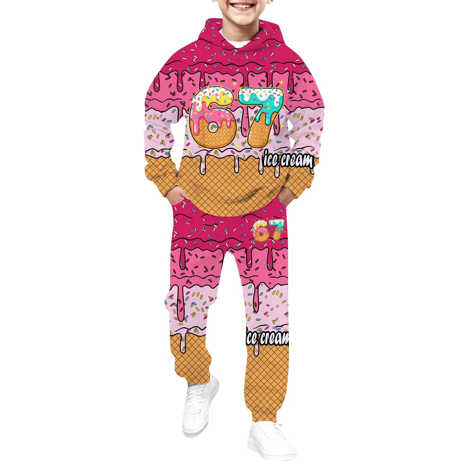 Boys 67 Ice Print Sweatsuit Girls Clothes Set Ice Cream Hoodie Pullover ...