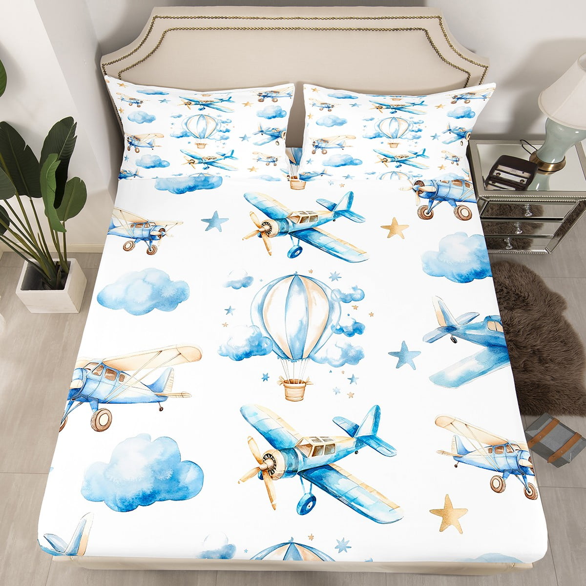 Aircraft Fitted Sheet Queen Size,Bedding Cartoon Sheet Set(No Top Sheet ...