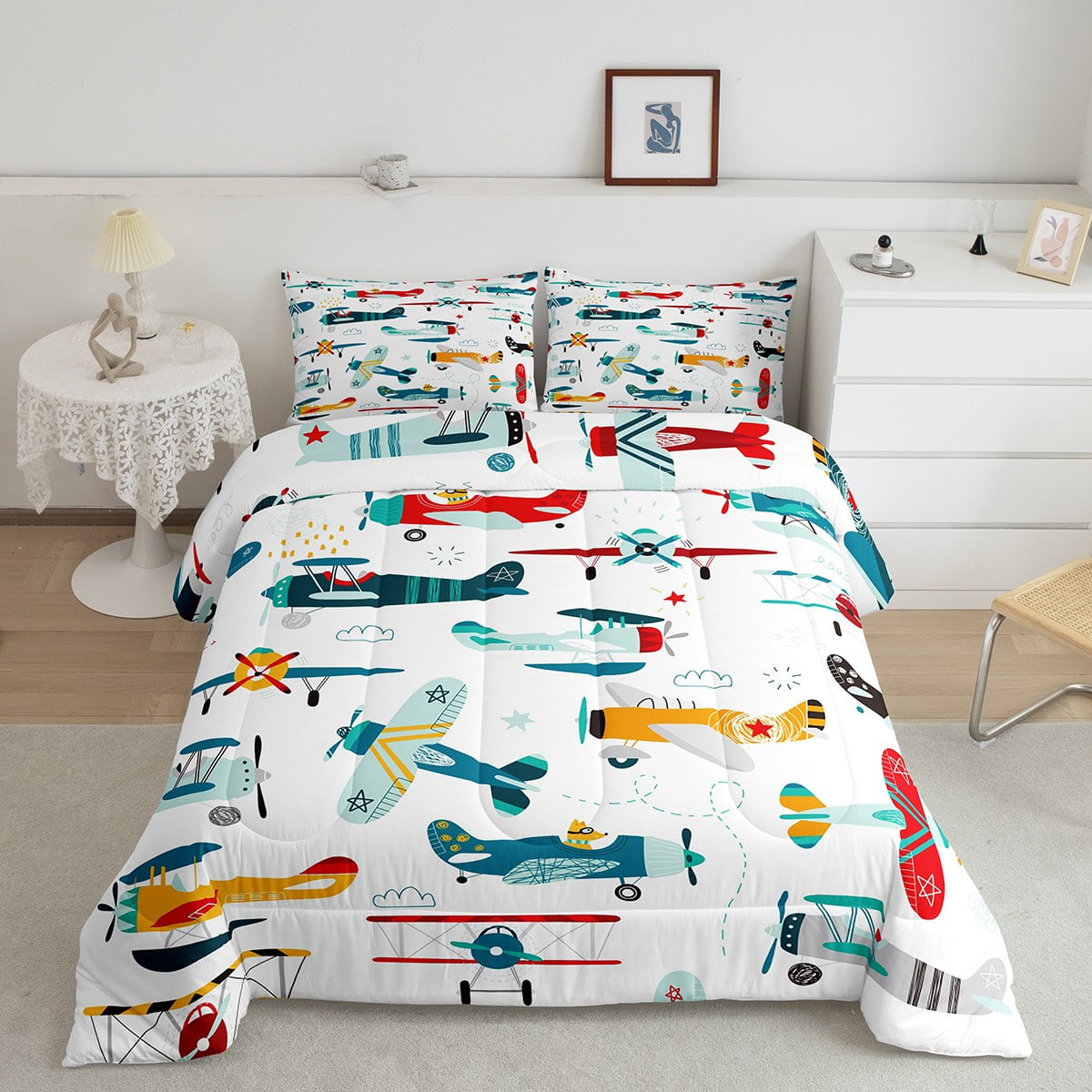 Airplane Full Comforter Set Colorful Cartoon Propeller Plane Bedding ...