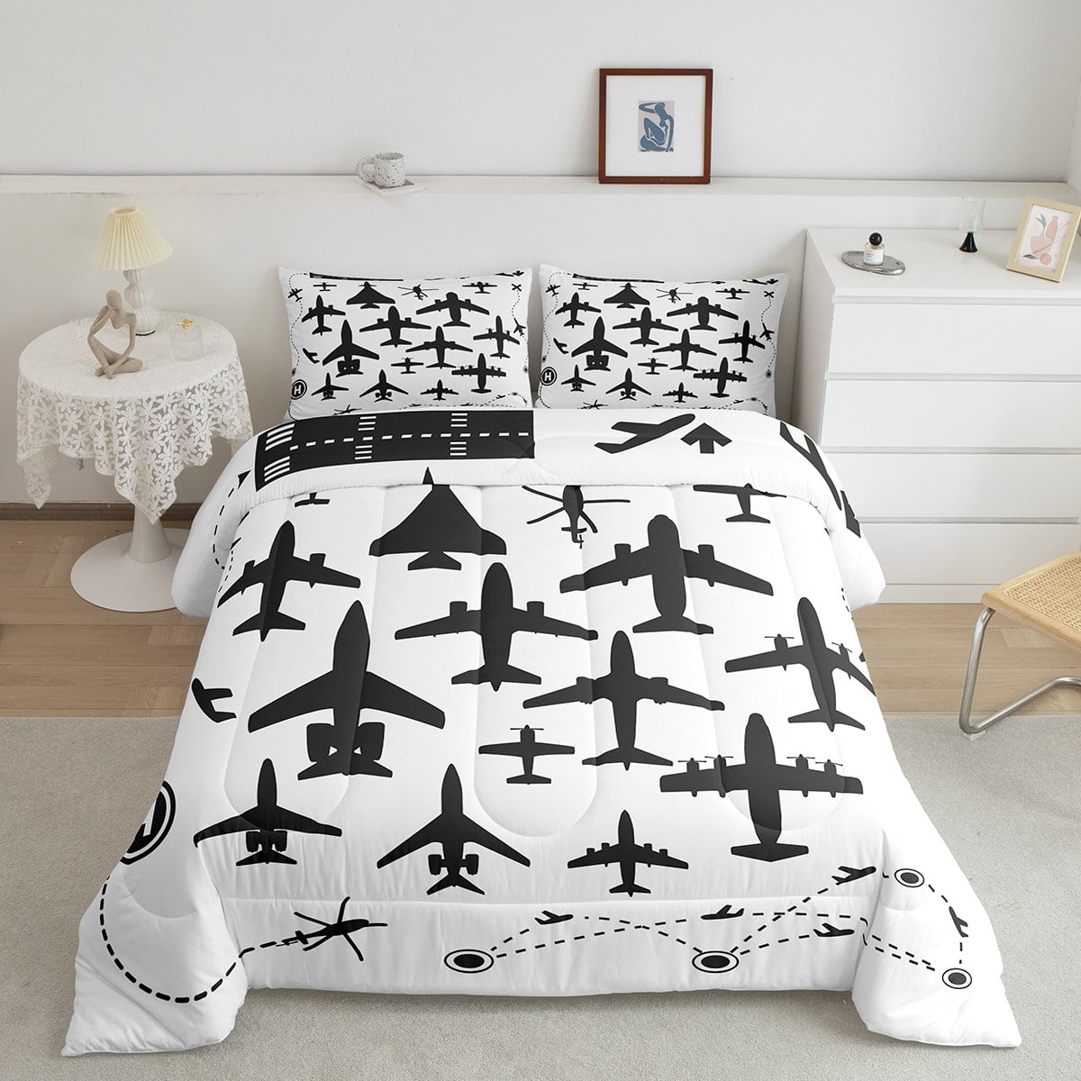 Boys Airplane King Size Comforter Set for Kids Aircrafts Silhouette ...