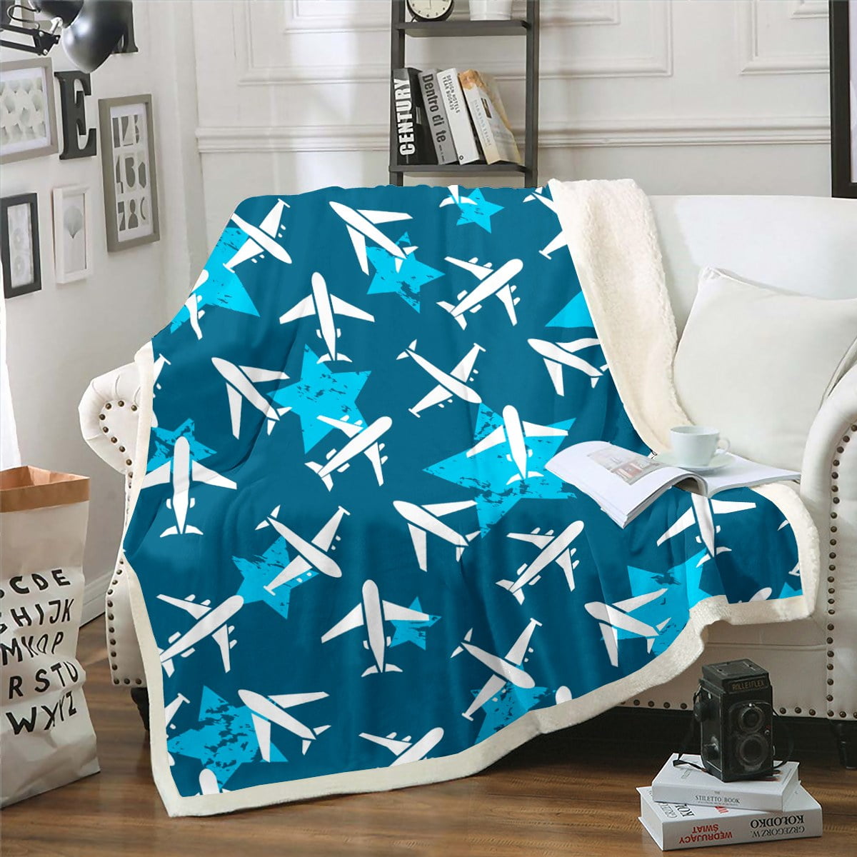 Boys Airplane Throw Fleece Blanket for Kids Cartoon Aircraft Print ...