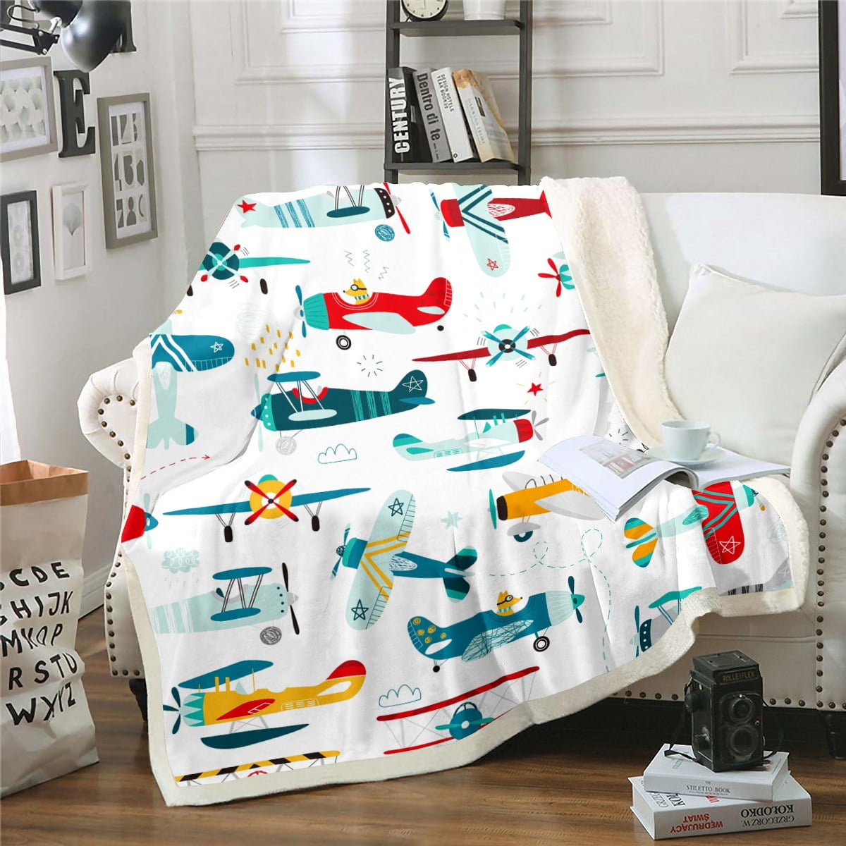 Airplane Throw Fleece Blanket Colorful Cartoon Propeller Plane Blanket ...