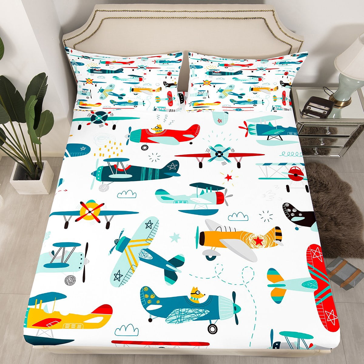 Airplane Twin Bed Sheets Colorful Cartoon Propeller Plane Bedding Set ...