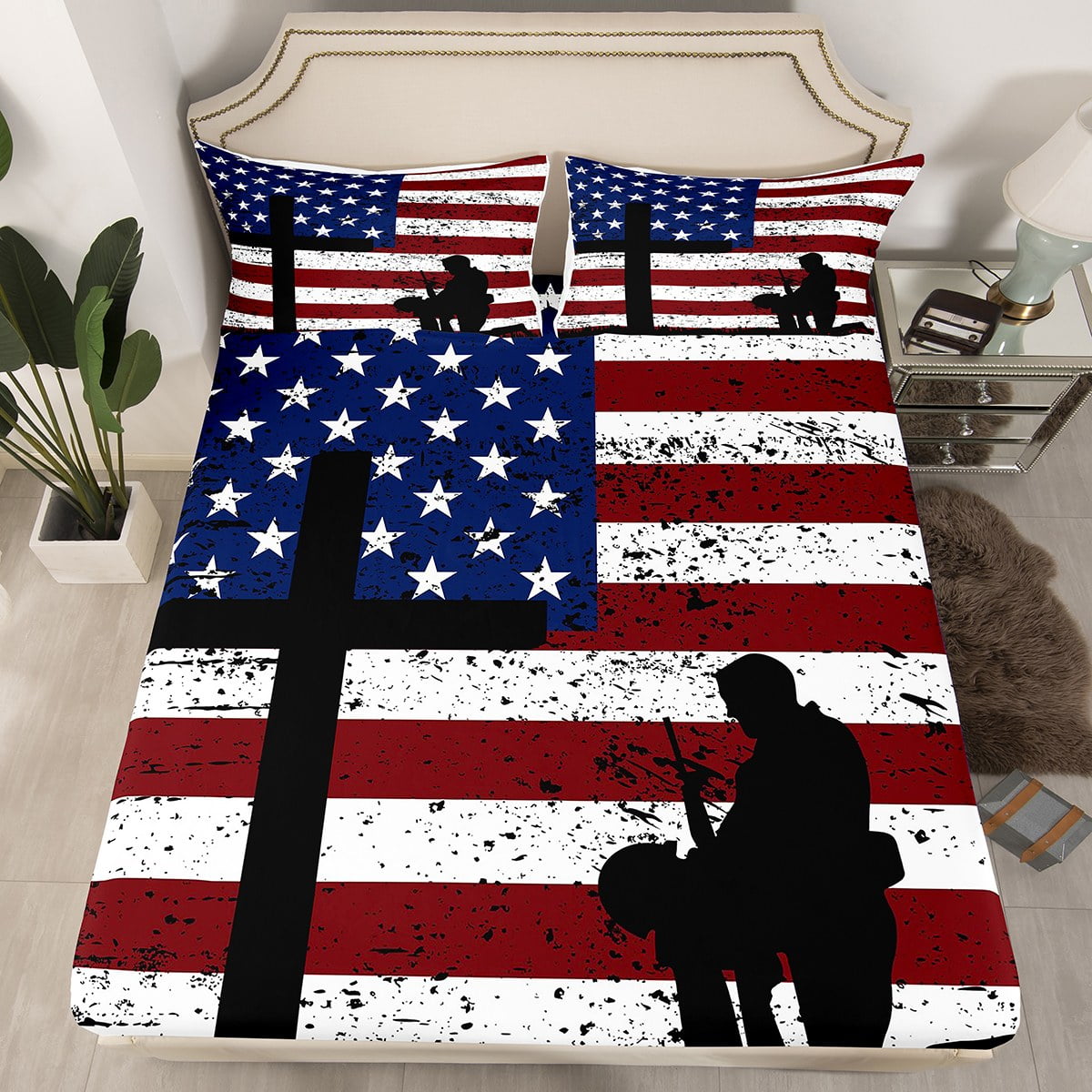 Boys American Flag Bed Sheets Army Soldier Silhouette Twin Size Sheets ...