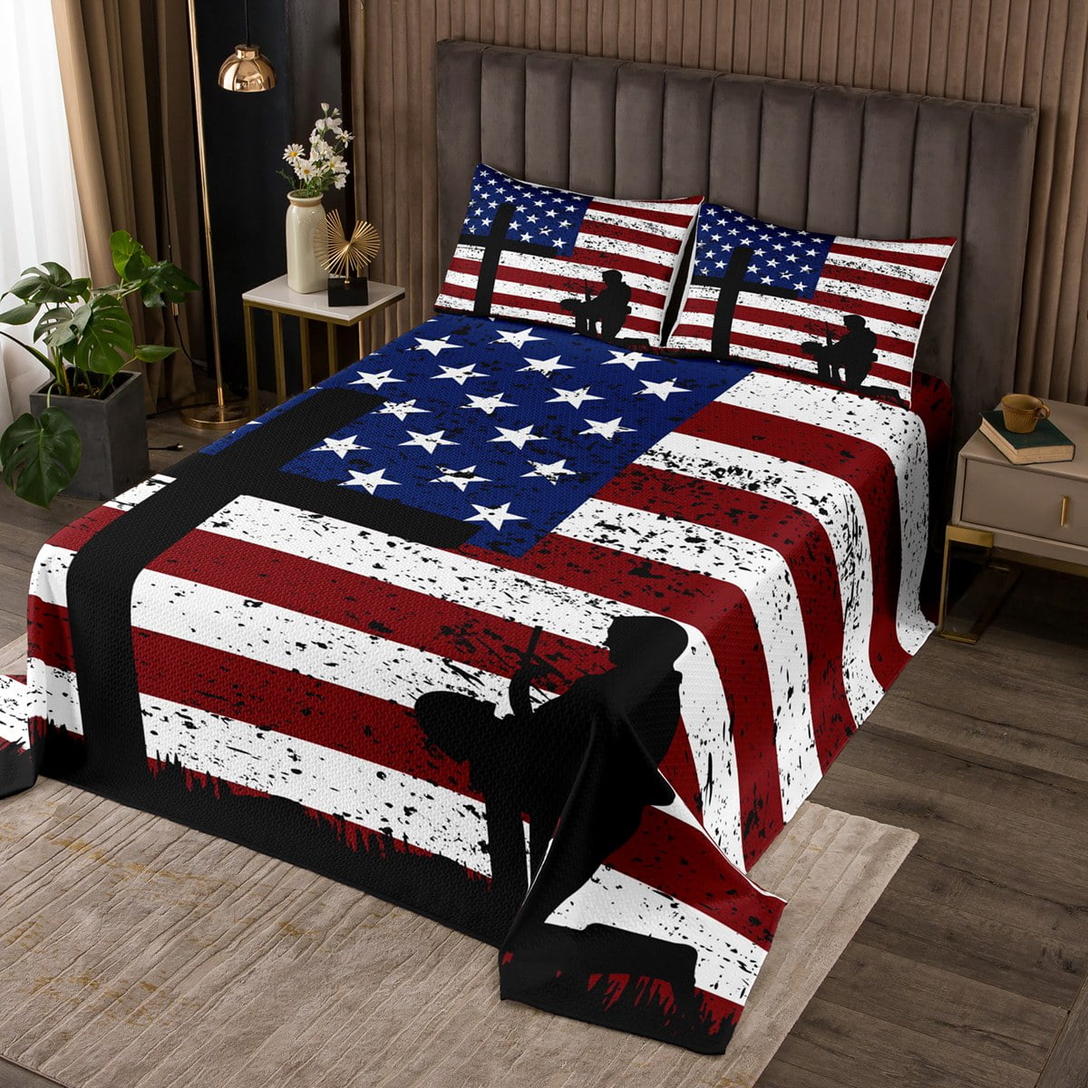 Boys American Flag Bedspread Set Army Soldier Silhouette Twin Size ...