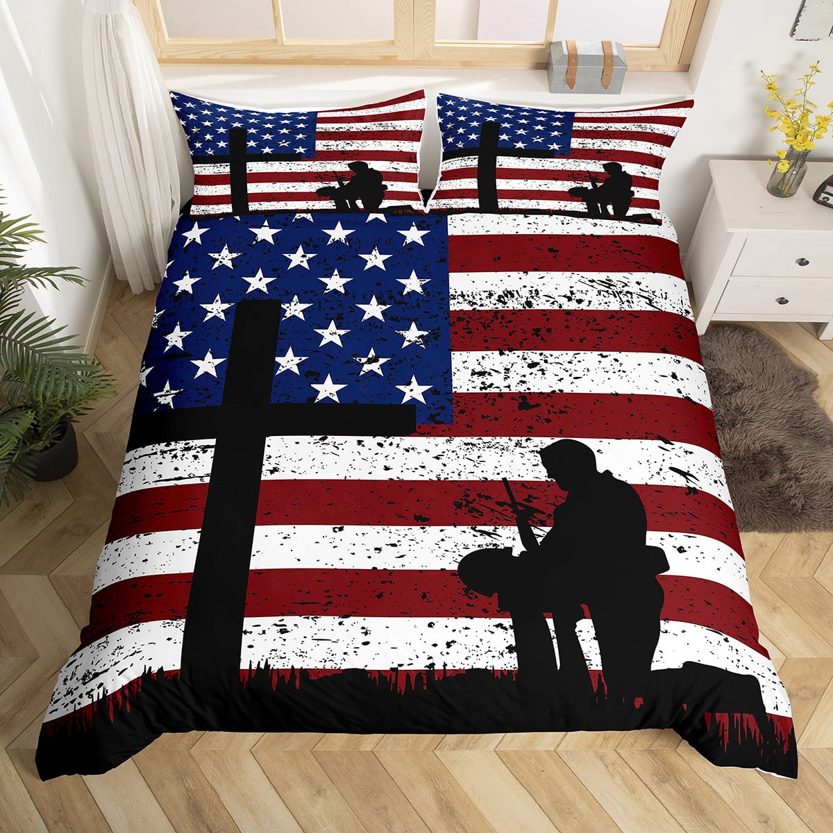 American Flag Comforter Cover Army Soldier Silhouette Twin Size Bedding ...