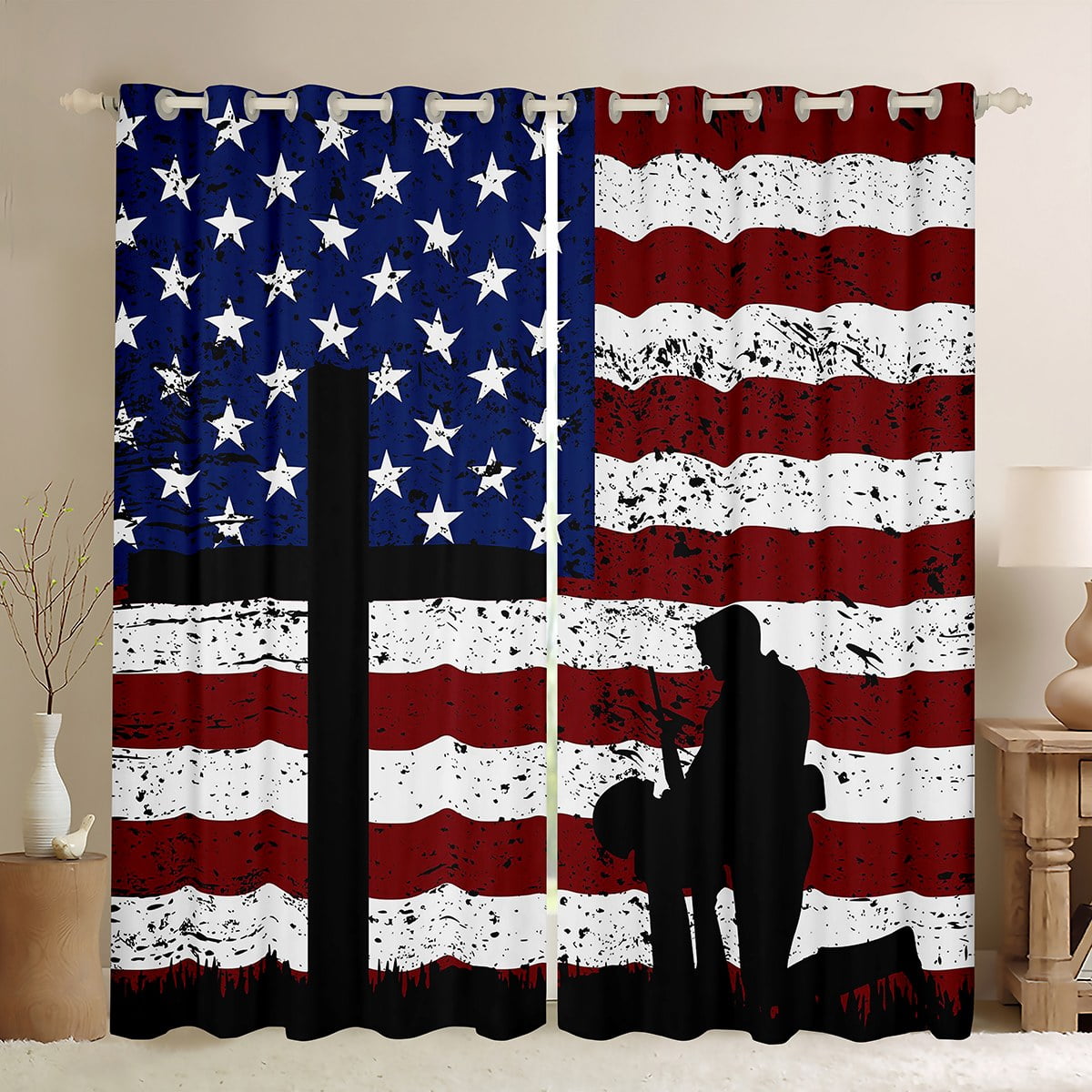 Boys American Flag Curtains Army Soldier Silhouette Window Curtains ...
