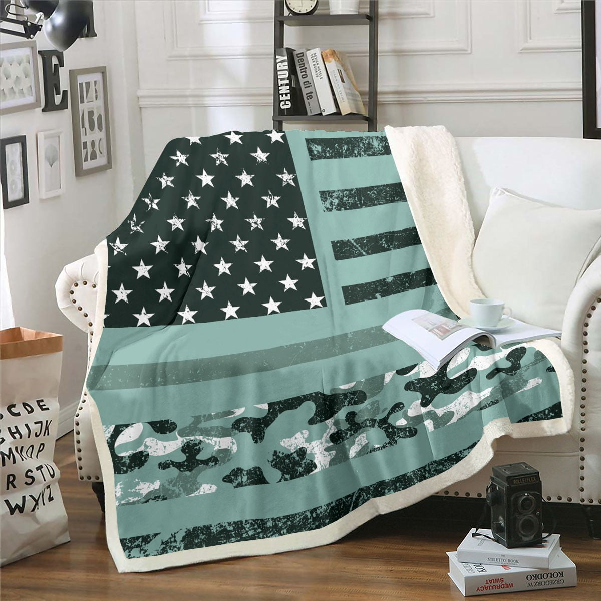 Boys American Flag Fuzzy Blanket Camo Military Retro Design Throw ...