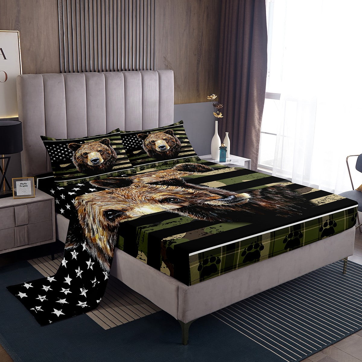 Boys American Flag Hunting Bed Sheets Full Army Green Camo Hunting Bear ...