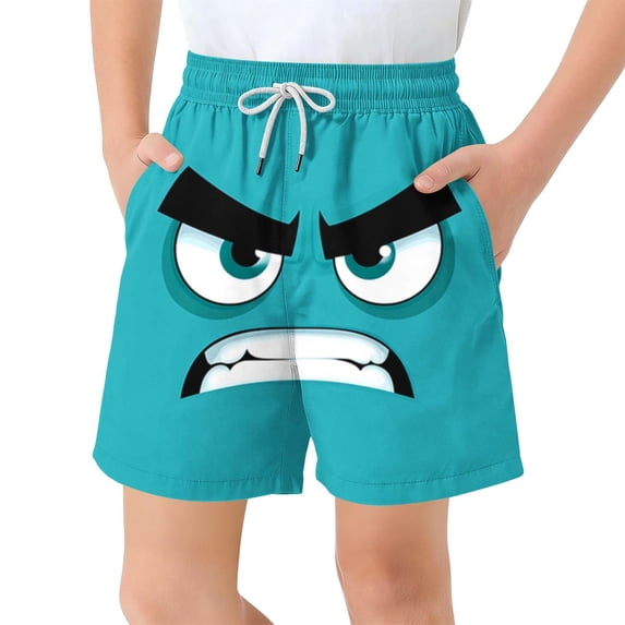 Boys' Angry Face Print Swim Trunks, Quick-Dry Elastic Waist Board ...