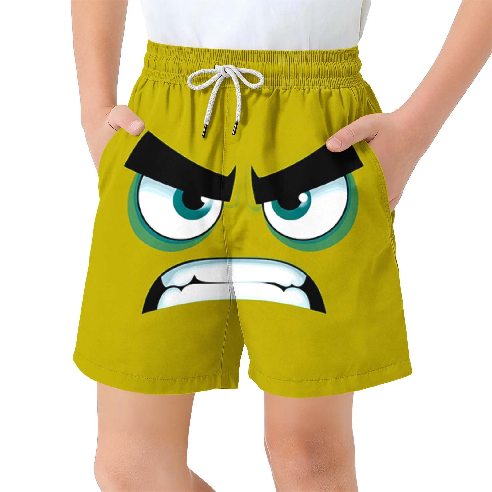 Boys' Angry Face Print Swim Trunks, Quick-Dry Elastic Waist Board ...