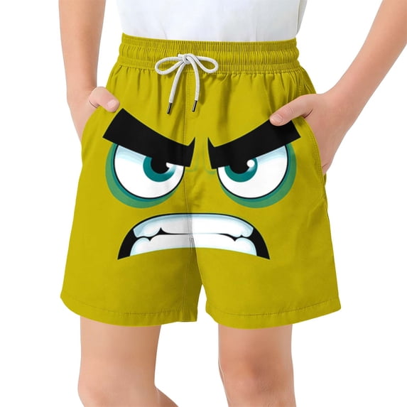Boys' Angry Face Print Swim Trunks, Quick-Dry Elastic Waist Board ...
