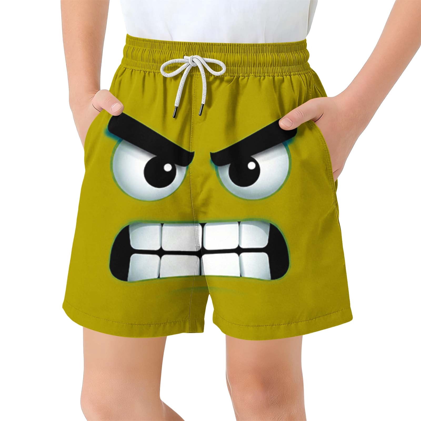 Boys' Angry Face Print Swim Trunks, Quick-Dry Elastic Waist Board ...