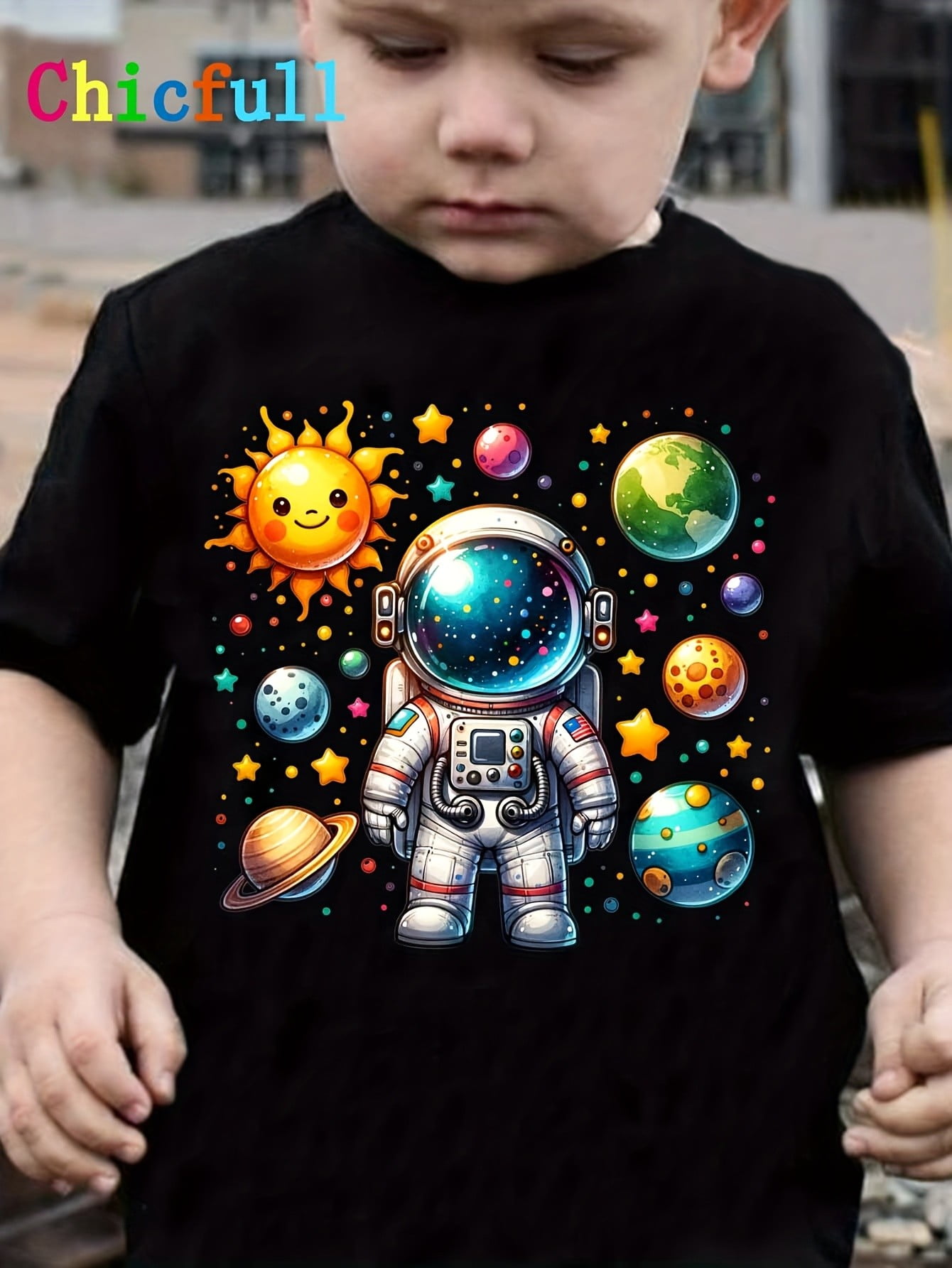 Boys' Astronaut & Planets Print T-Shirt - Black Casual Short Sleeve ...