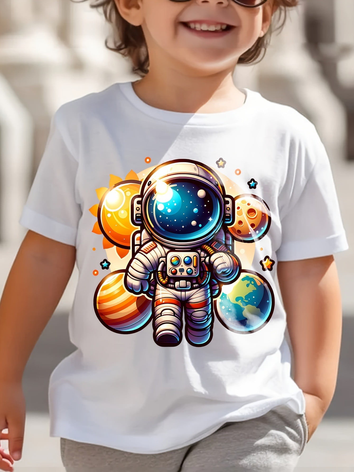 Boys' Astronaut & Space Station Graphic Tee - Casual Short Sleeve, Cotton, Machine Washable ...