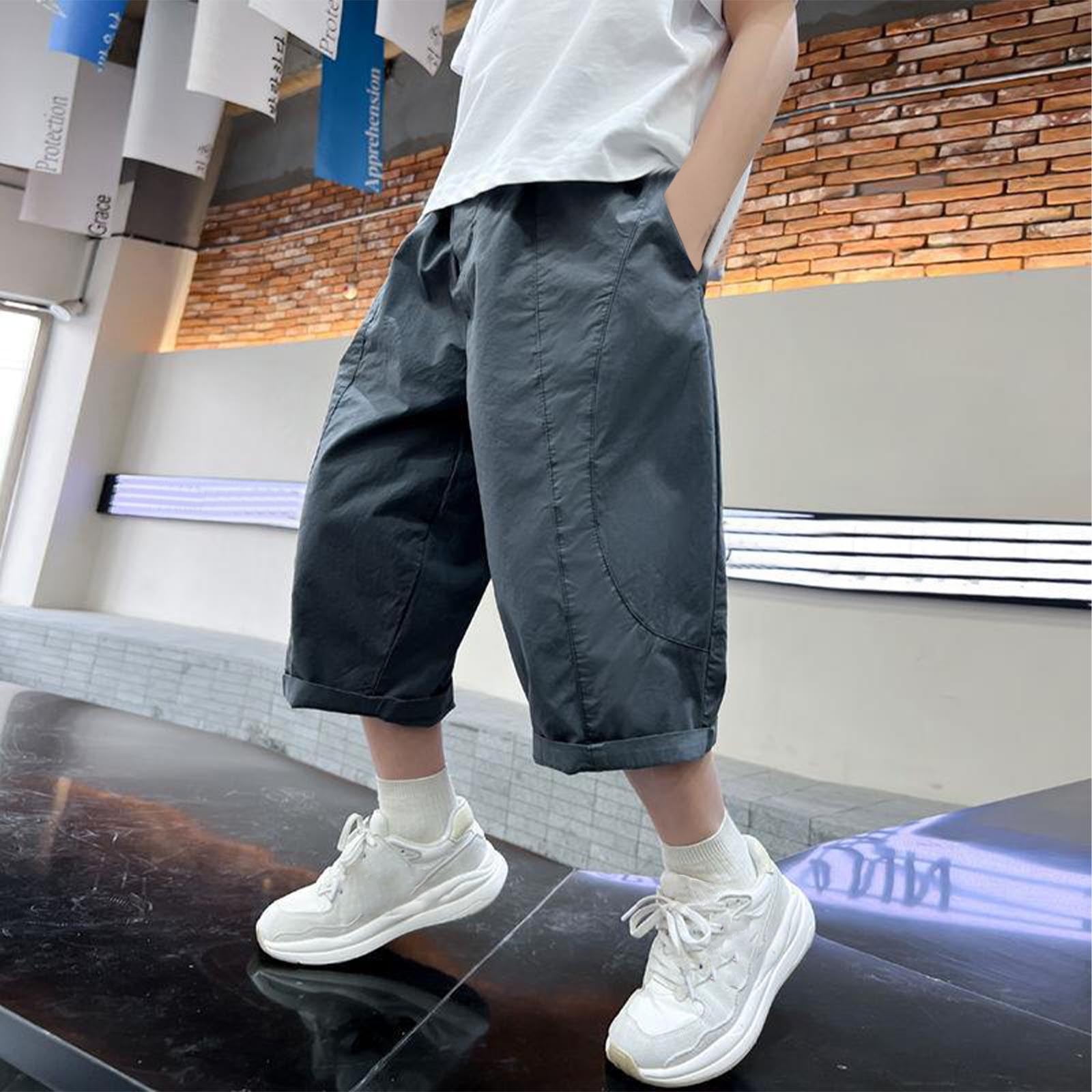 Boys Baggy Capris Wide Leg Elastic Waist Loose Summer Cargo Shorts with ...