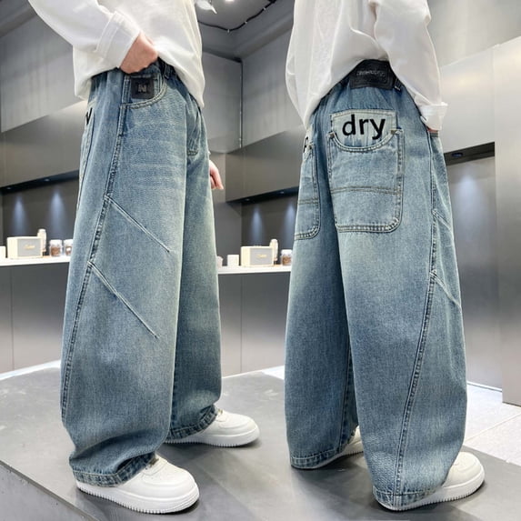 Boys Baggy Jeans Cartoon Embroidery Wide Leg Denim Pants for Big Kids ...