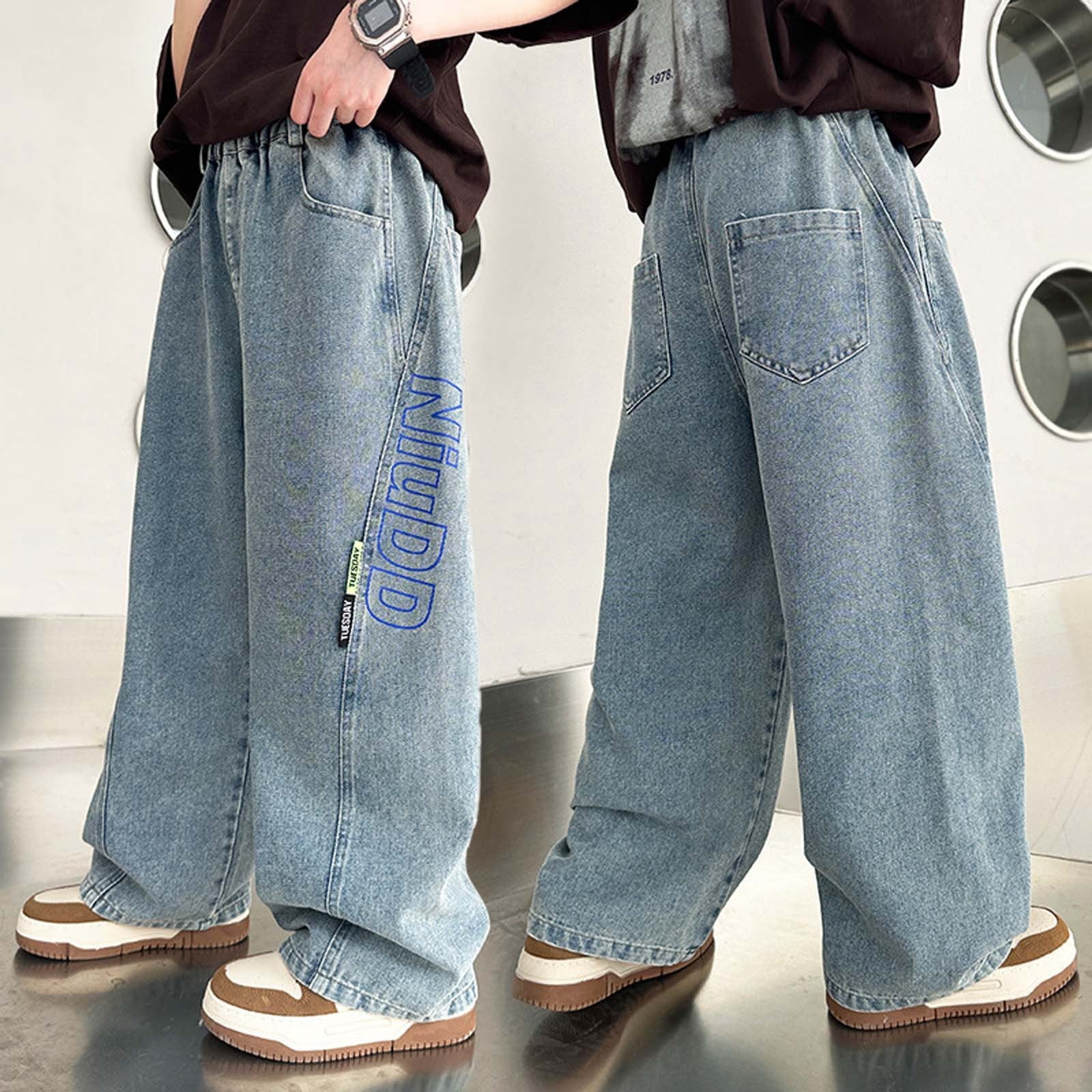 Boys Baggy Jeans Cartoon Embroidery Wide Leg Denim Pants for Big Kids ...