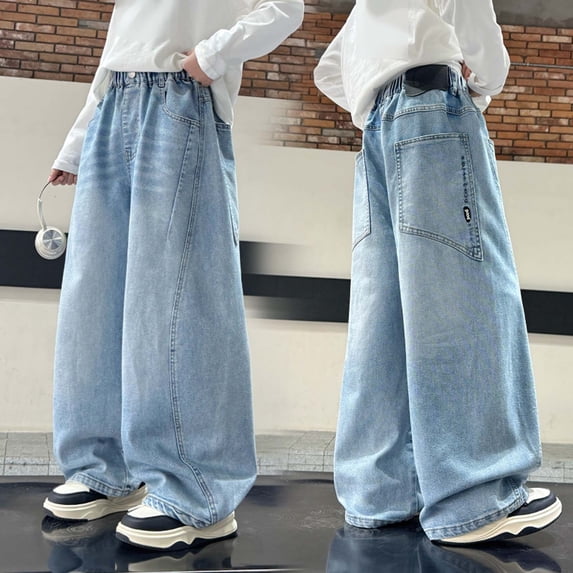 Boys Baggy Jeans Cartoon Embroidery Wide Leg Denim Pants for Big Kids ...