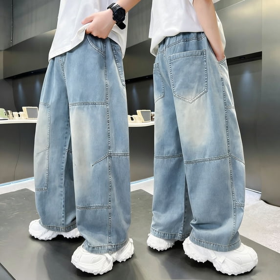 Boys Baggy Jeans Elastic Waist Straight Loose Denim Long Pants with ...